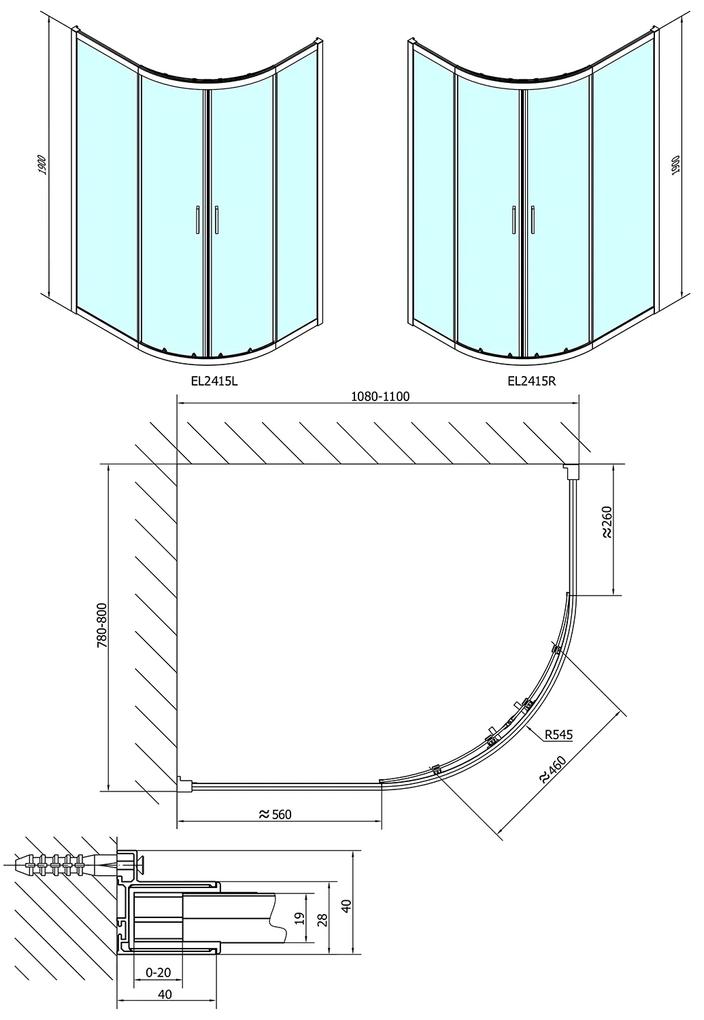 Polysan EASY LINE čtvrtkruhová sprchová zástěna 1100x800mm, L/R, čiré sklo EL2415