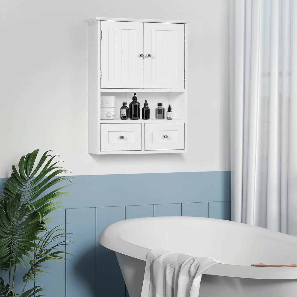 Kleankin Nástěnná skříňka do koupelny - Zavěsná skříňka s 2 dveřmi a 2 šuplíky pro moderní kuchyň 50,8x17,8x66 cm Bílá