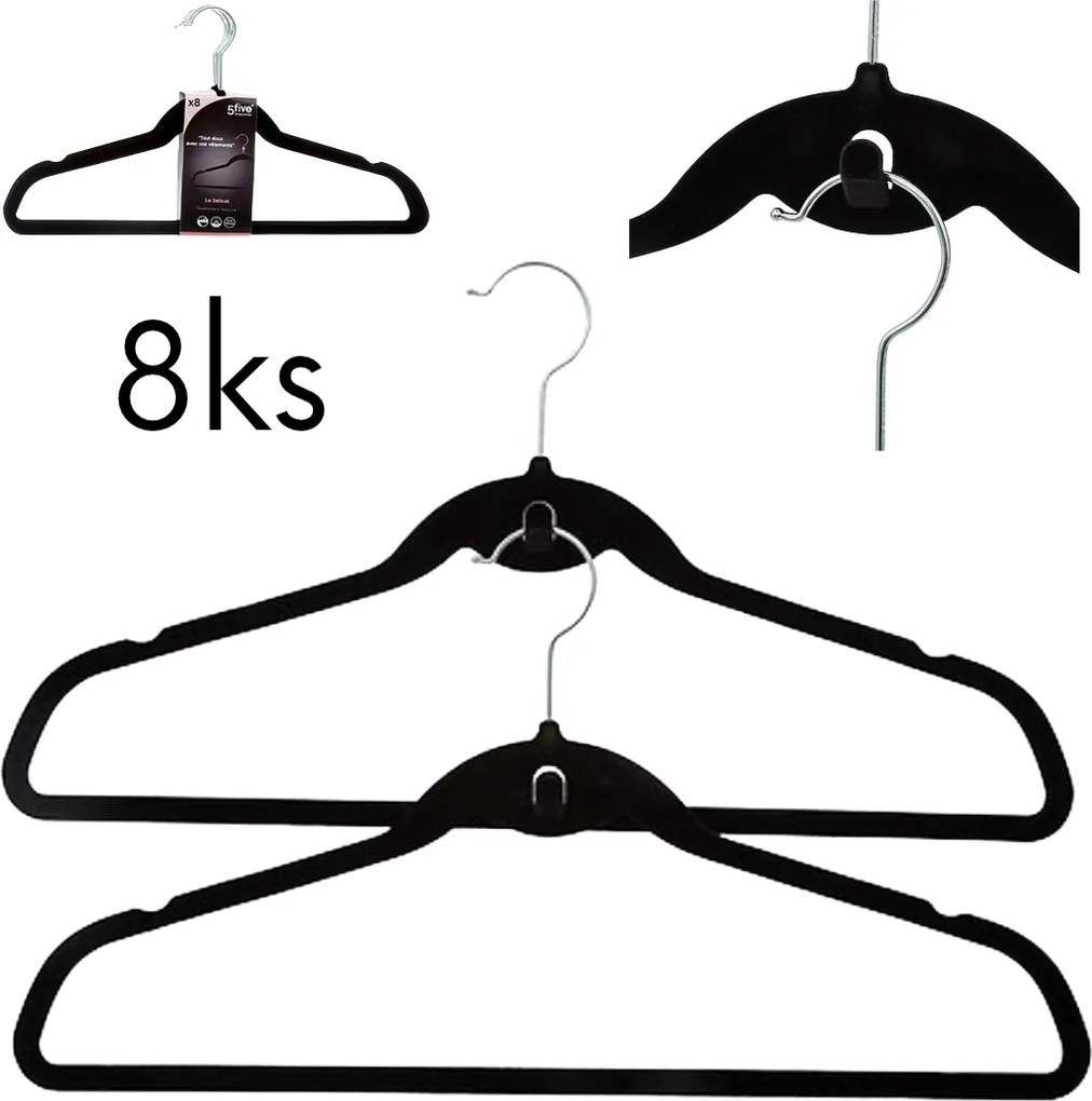 5Five® Věšáky semišové černé s háčkem, sada 8ks