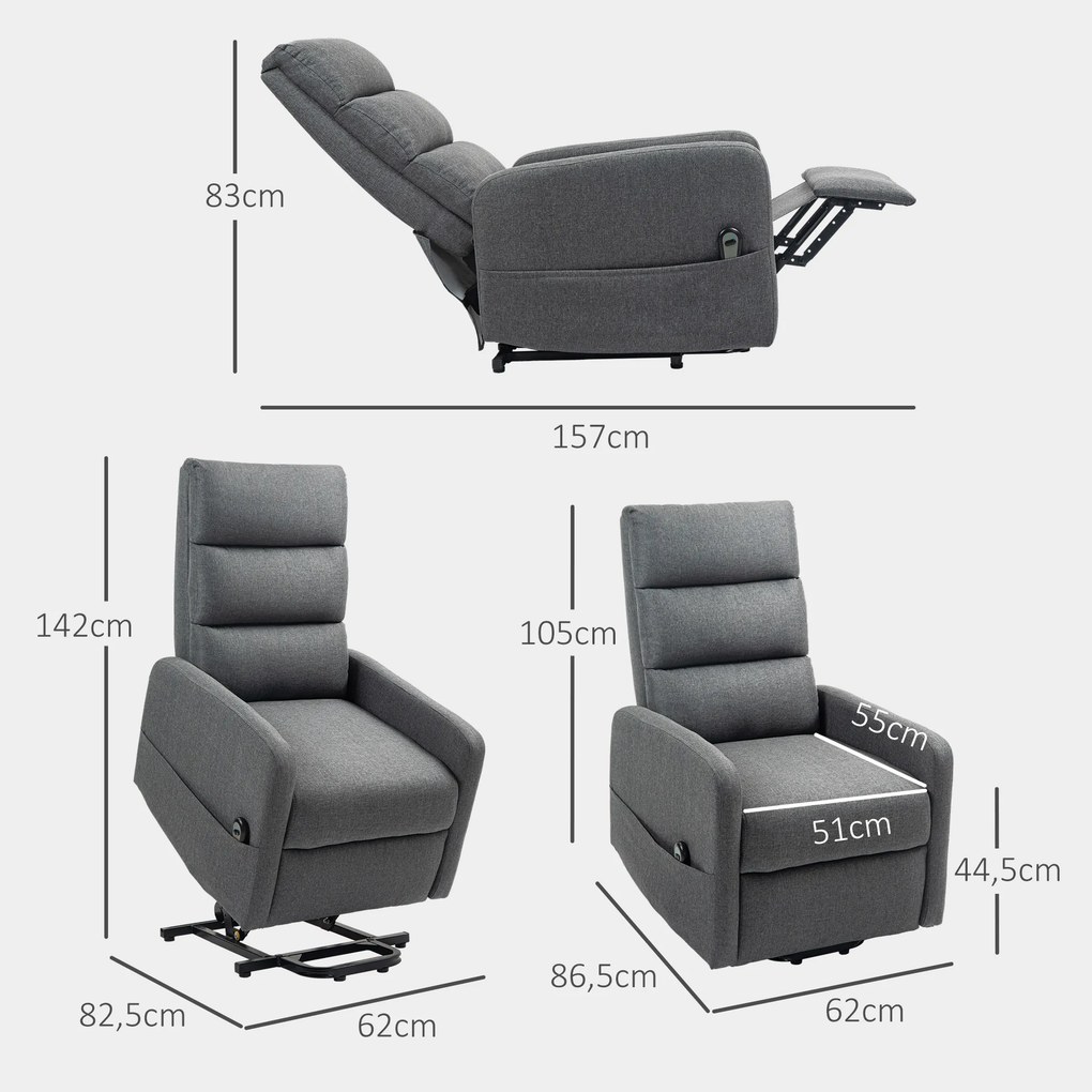 HOMCOM Elektrické relaxační křeslo s funkcí asistence při vstávání, dálkové ovládání, měkká pěna, boční kapsa, potah ve vzhledu lnu, šedá 713-192V90CG