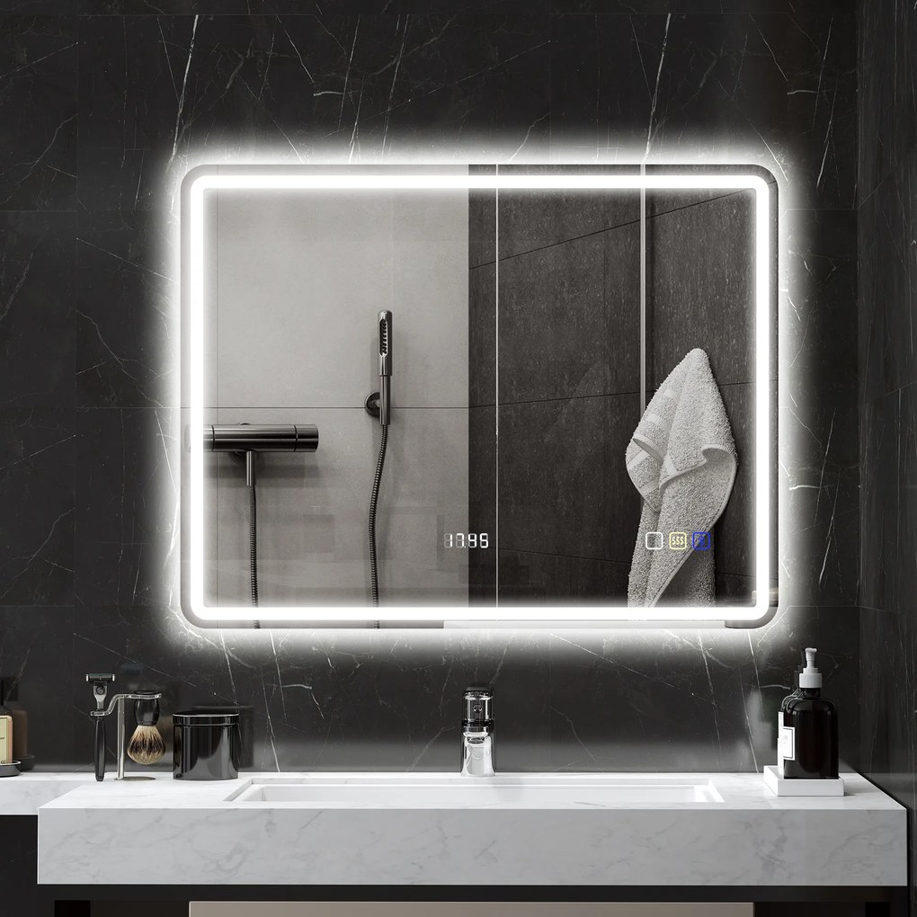 HOMCOM Koupelnové zrcadlo s LED osvětlením, protimlžnou podložkou, 3 nastavitelné barvy, hodiny, 700 x 900 mm, stříbrná barva