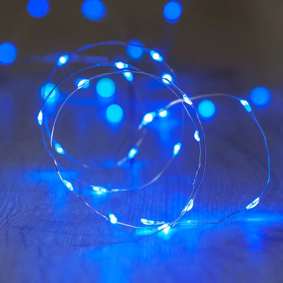 LED světýlka na baterie, kapičky, 2,30 m, modrá, 20 diod, drátek, IP20 interiér, 3 × AA
