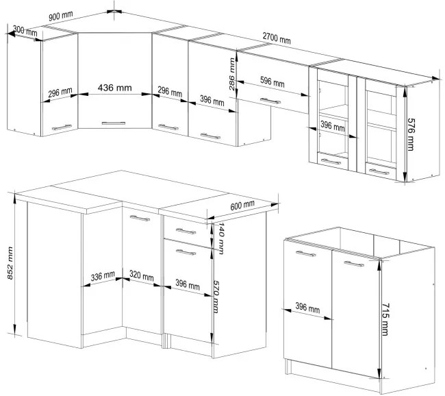 Rohová kuchyňská linka OLIVIA 3 m s vitrínou bílá