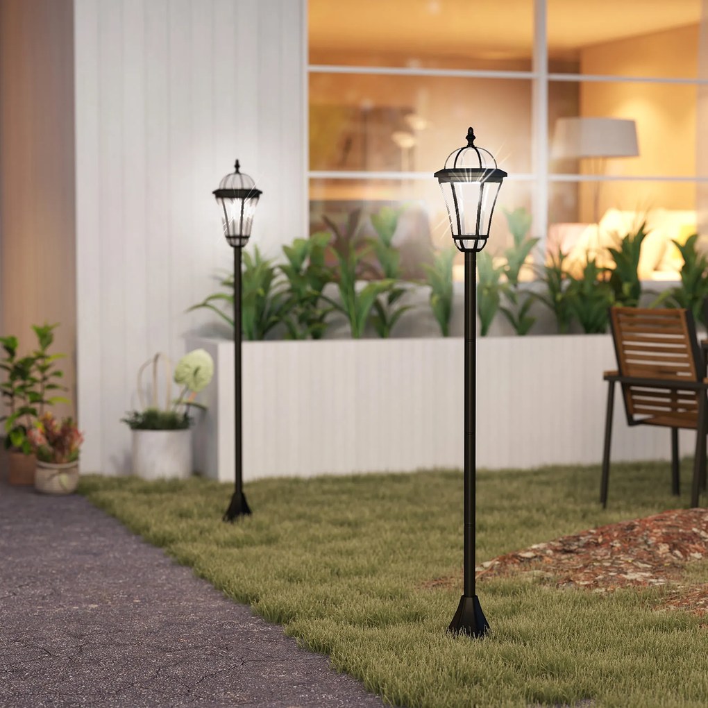 Outsunny 2-st solární pouliční světlo LED, IP44, ABS, Ø18,5 x H129 cm, úsporný režim, vodotěsné, zahradní světlo s nerezovou ocelí, černé