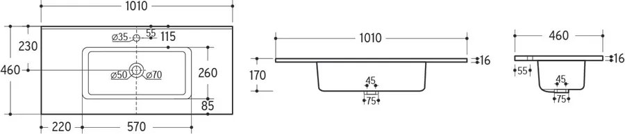 Comad Nábytkové keramické umyvadlo GO 100/DP-8095, 101x46 cm, bílá lesklá