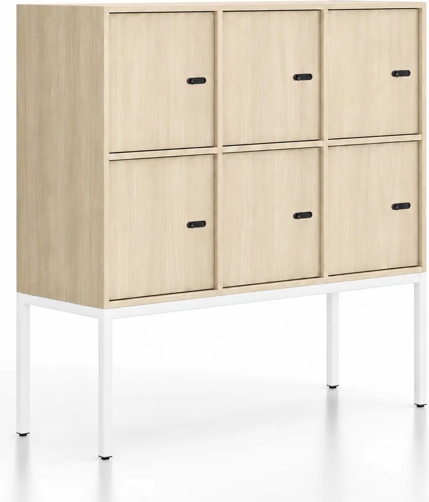 Kancelářská skříň FRAME, nízká, bílá podnož, 6x dveře, 1299 x 450 x 1331 mm, mechanický kódový zámek, dub přírodní