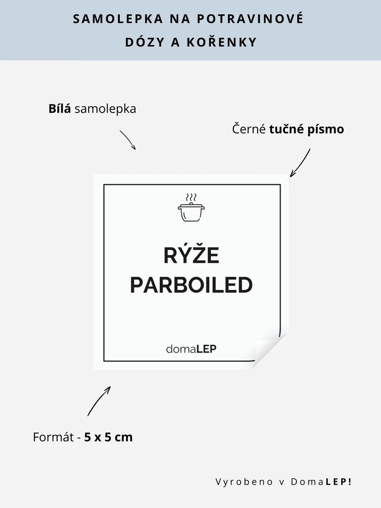 RÝŽE PARBOILED– bílá samolepka na dózu, tučné písmo, 5 x 5 cm | DomaLEP