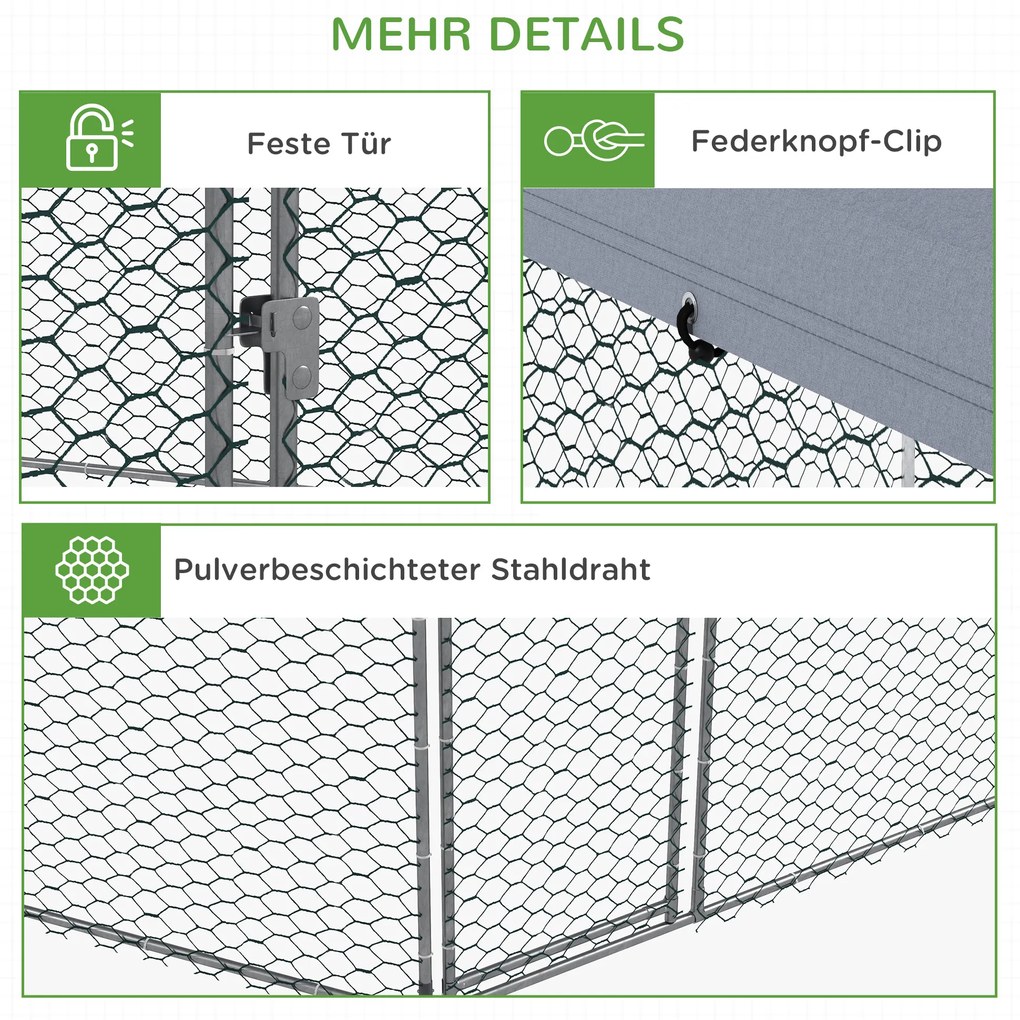PawHut kurník 400 x 346 x 263 cm ocelový výběh pro volný chov, klec pro kuřata s krytem, dvířka, výběh pro 10-15 kuřat, malá zvířata, šedá | Aosom