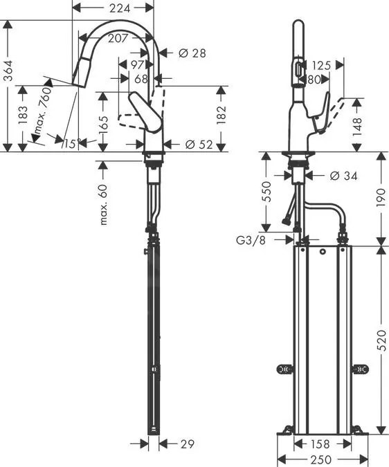 Hansgrohe Focus M42, dřezová baterie M4216-H180 s výsuvnou sprškou, sBOX, chromová, HAN-71821000