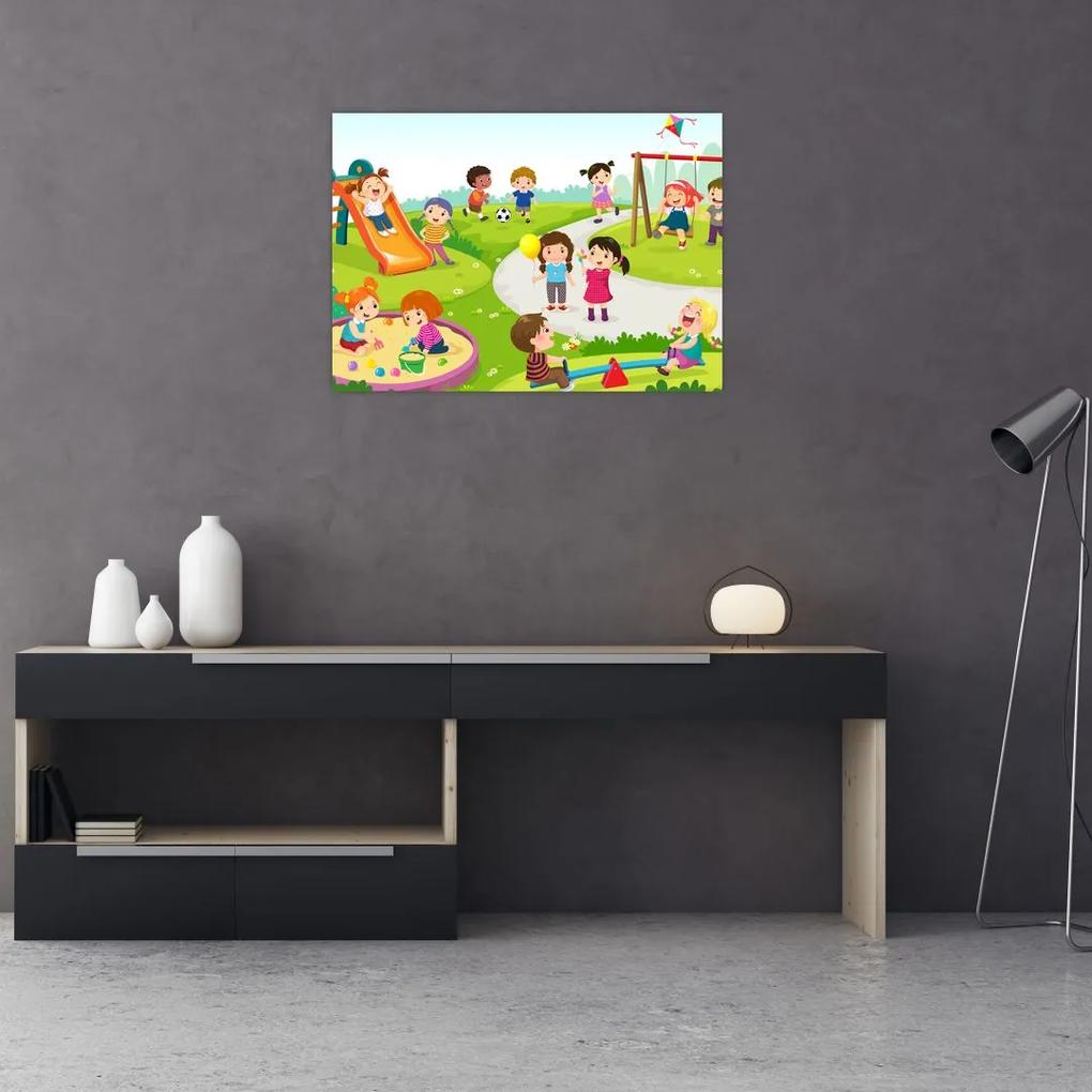 Skleněný obraz dětských radovánek na pískovišti (70x50 cm)