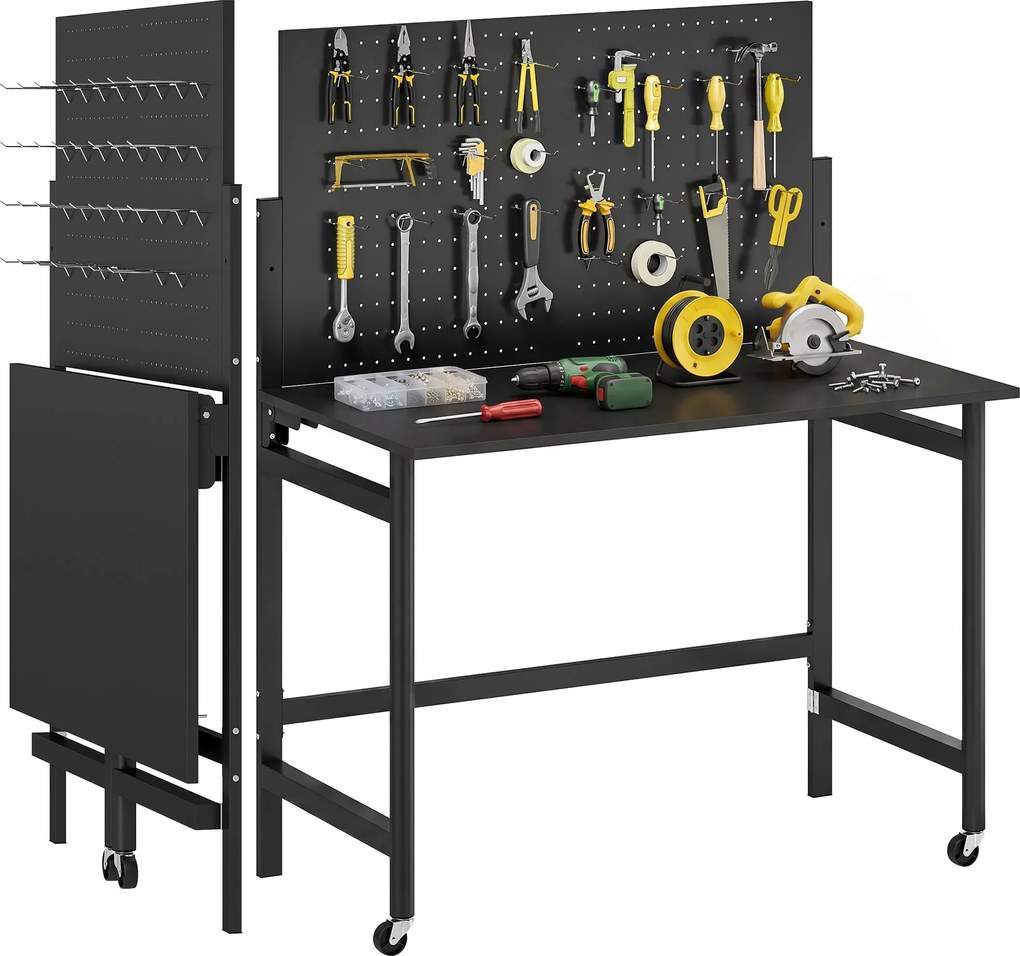 HOMCOM skládací pracovní stůl na kolečkách, 115 x 62 x 143,5 cm, pracovní deska s nástěnným panelem a 12 háčky, silná MDF, ocelový rám, nosnost 120 kg