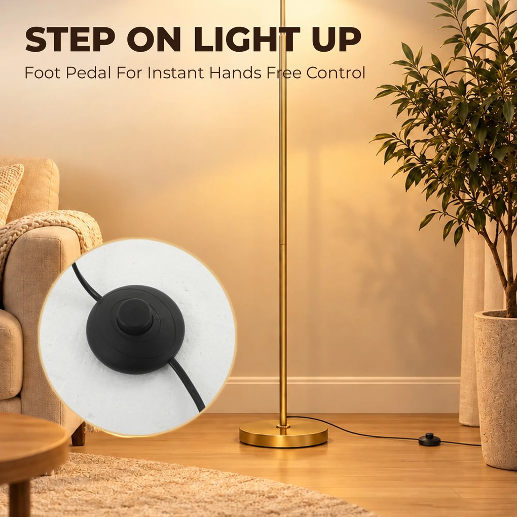 HOMCOM Stojací lampa 350° nastavitelná pro obývací pokoj a kancelář, stojací lampa se 3 stínidly z oceli, zlatá