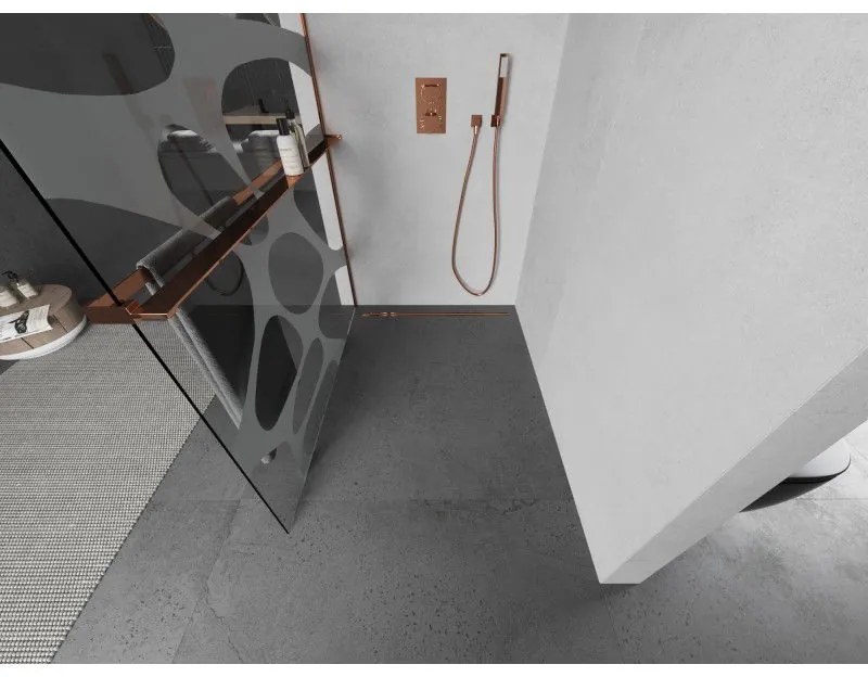 Mexen Kioto+ L, sprchová zástěna Walk-In s poličkou a věšákem 100 x 200 cm, 8mm čiré sklo bílý vzor, růžové zlato profil, 800-100-123-60-97