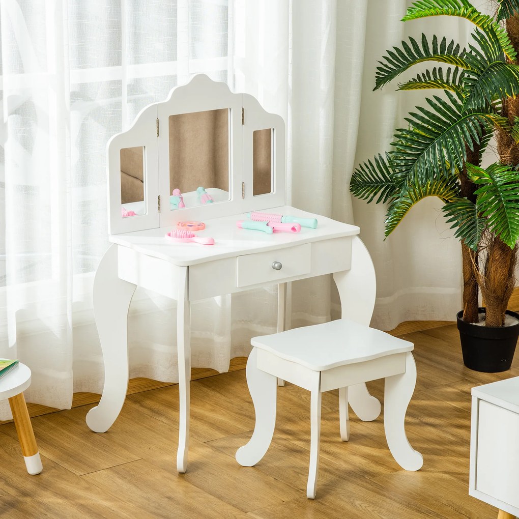 HOMCOM Dětský toaletní stolek s taburetem, triptychem zrcadel a posuvným zásuvkou - Rozměry toaletního stolku 63D x 40Š x 85,5V cm - Bílý akryl