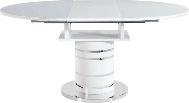 Jídelní stůl rozkládací kulatý bílý vysoký lesk HG zdobená noha ovál TK3210