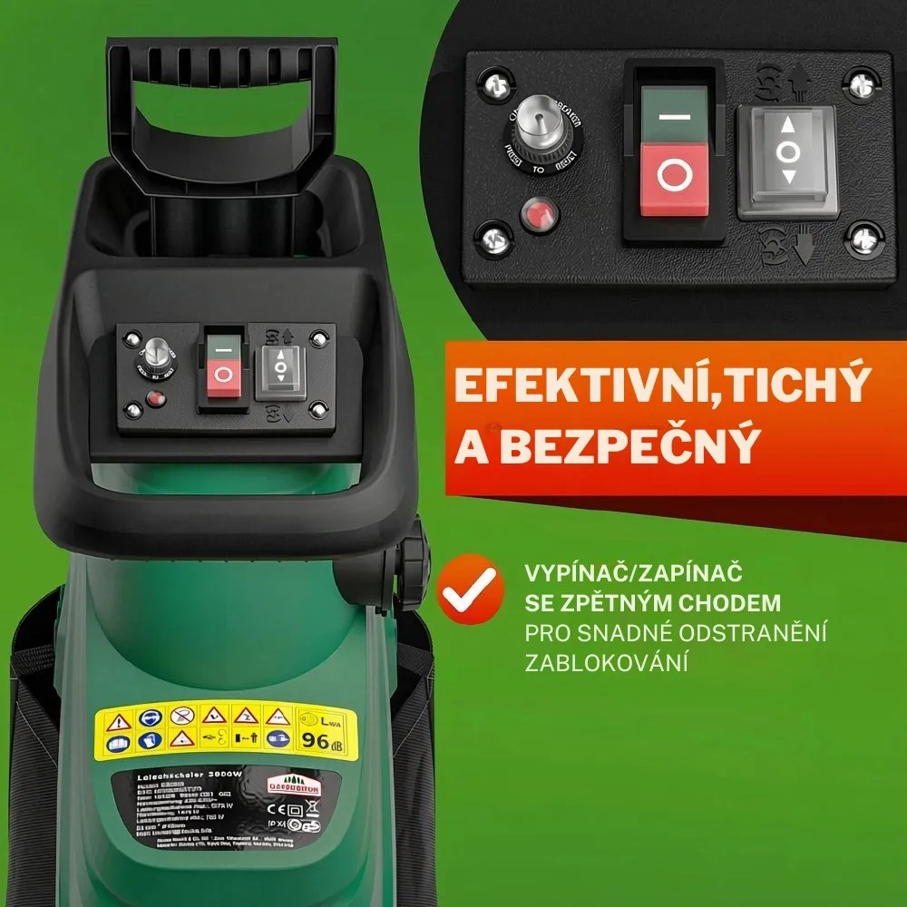 Zahradní štěpkovač/drtič DIOX+2x 60l pytel, 3100W černá/zelená Gardebruk