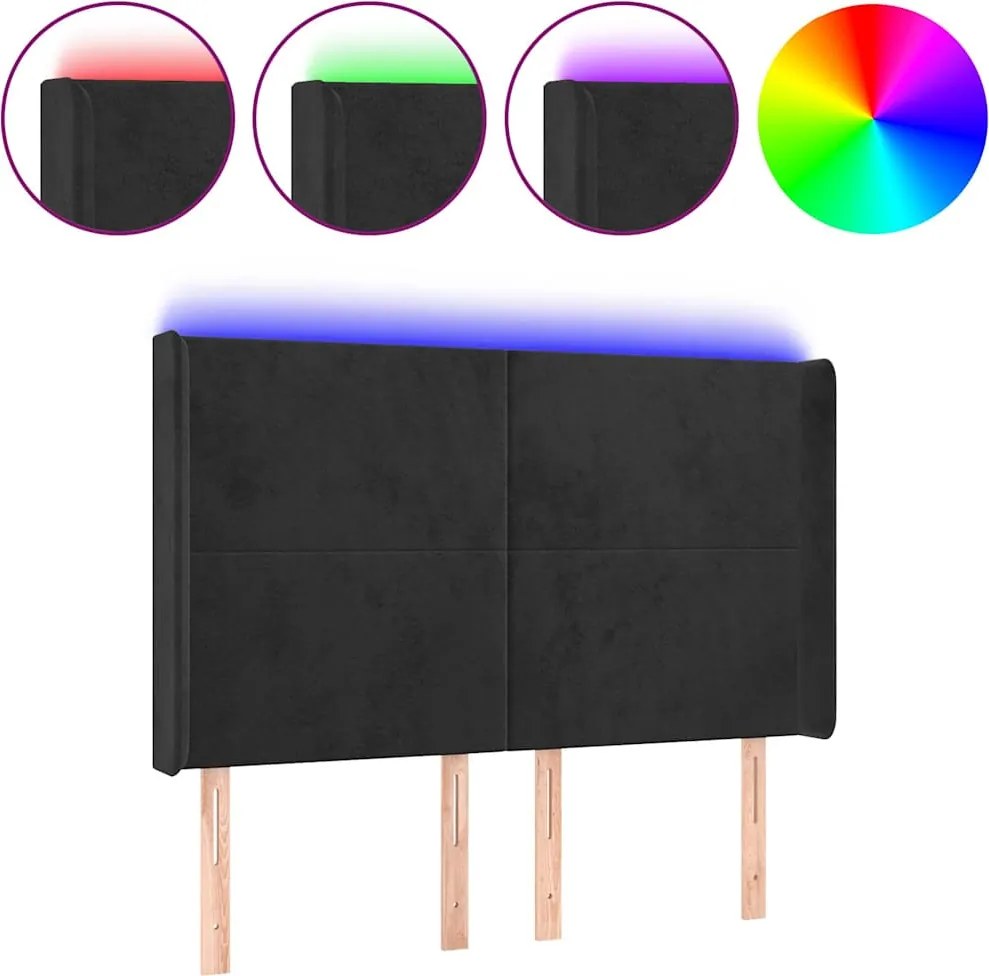 Čelo postele s LED černé 147 x 16 x 118/128 cm samet 3123818