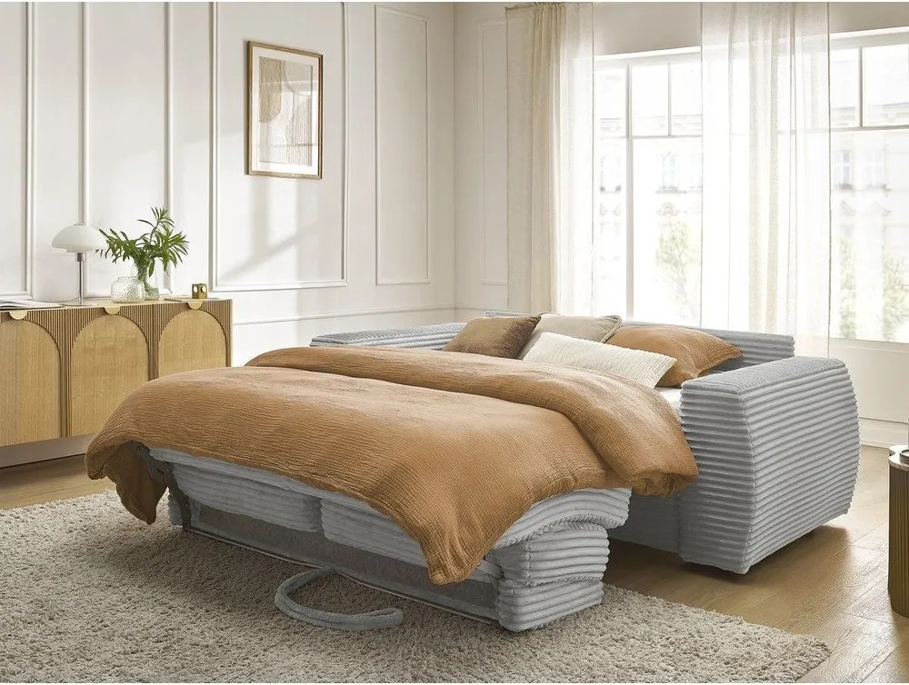 Světle šedá manšestrová pohovka na každodenní spaní/rozkládací 220 cm Hugo – Bobochic Paris