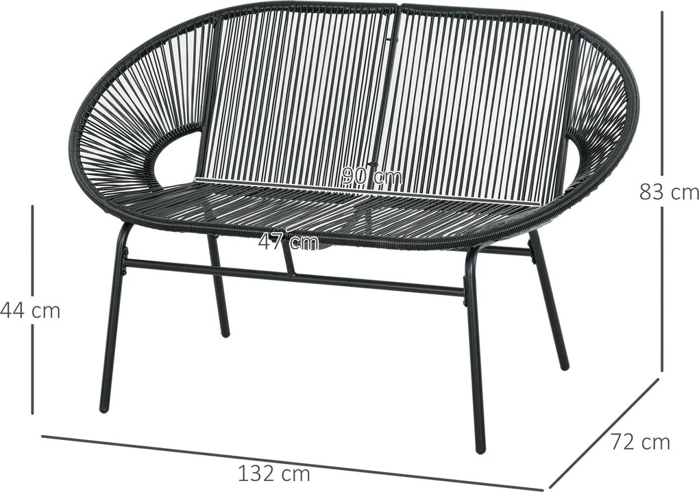Outsunny zahradní lavička pro 2 osoby ve stylu ocel a umělý ratan s 2 polstry - rozměry 132D x 72Š x 83V cm - černá | Aosom