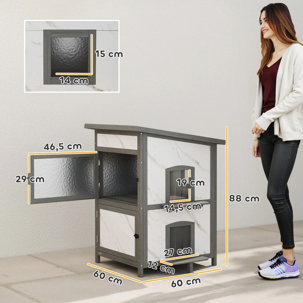 Venkovní domek pro kočky, dřevěný domek pro kočky, několik vchodů, okna, voděodolný, 60 x 60 x 88 cm, bílý
