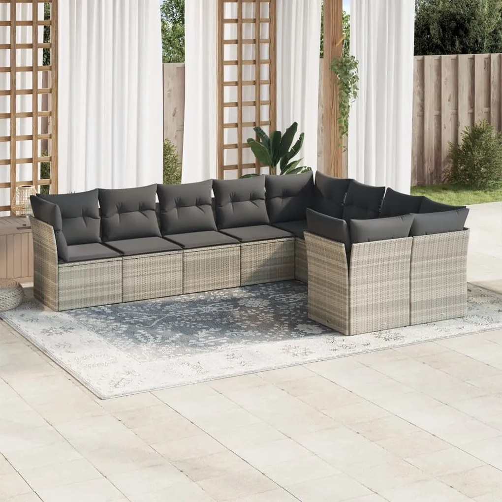 9dílná zahradní sedací souprava a podušky světle šedá polyratan 3250011