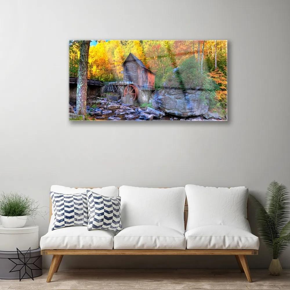 Obraz na skle Vodní Mlýn Podzimní Les 140x70 cm