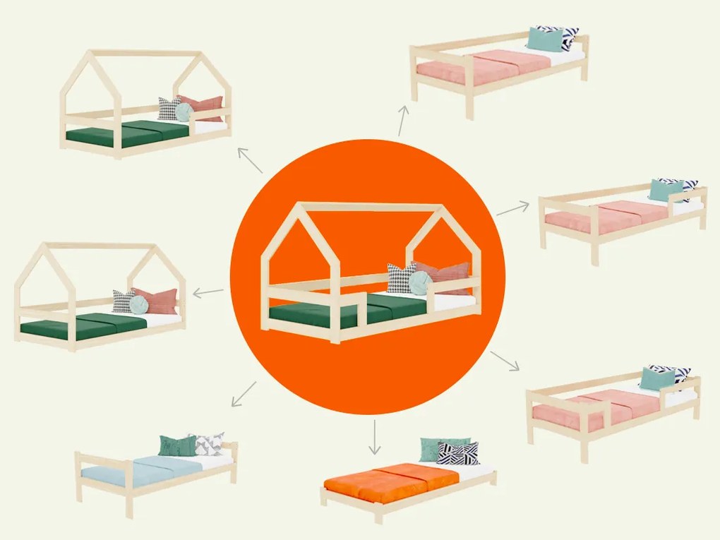 Benlemi Nízká postel domeček SAFE 8v1 ze dřeva se zábranou Zvolte barvu: Cihlová, Zvolte rozměr: 90x190 cm, Zvolte zábranu: S otevřeným vstupem