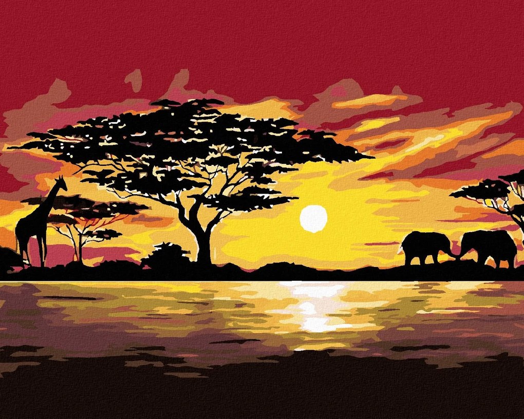 zuty malování podle čísel - afrika žirafa a sloni, 100x80 cm, vypnuté plátno na rám