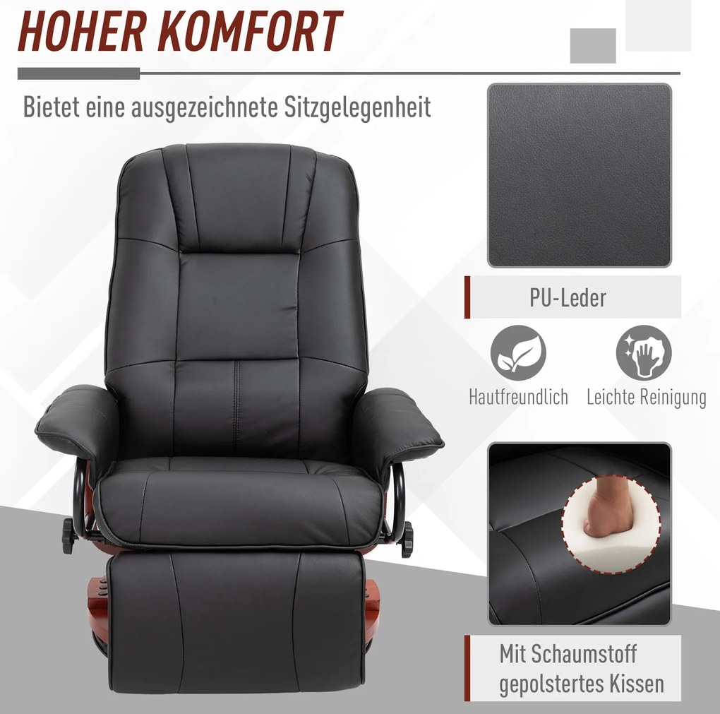 HOMCOM polohovací křeslo polohovací křeslo s podnožkou z imitace kůže 360° otočné křeslo dřevěná podnož černá 145° naklápěcí 78 x 87 x 100 cm | Aosom