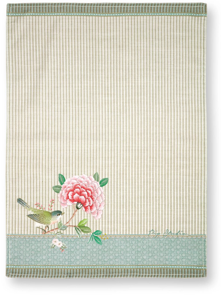 Pip Studio Blushing Birds utěrka 50x70cm, khaki (stylová bavlněná kuchyňská utěrka)