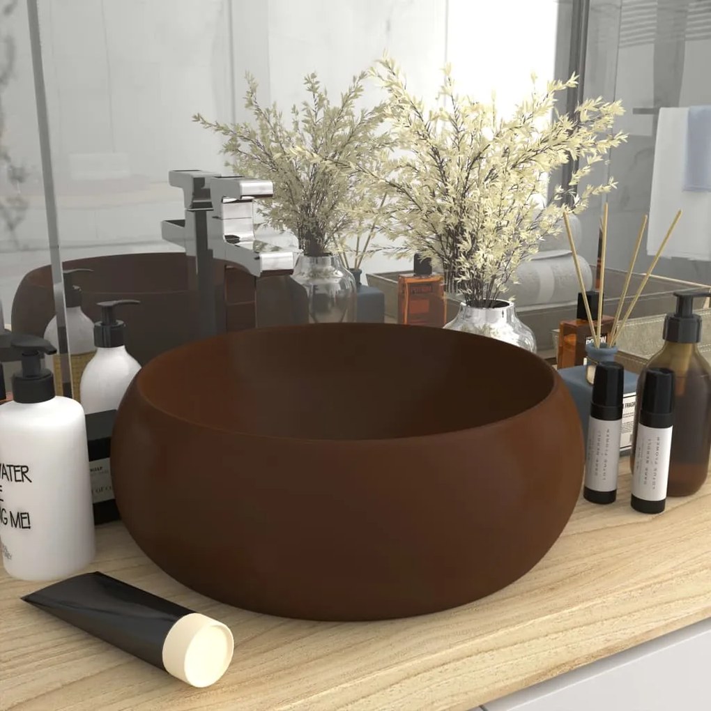 Luxusní umyvadlo kulaté matné tmavě hnědé 40 x 15 cm keramické 147006