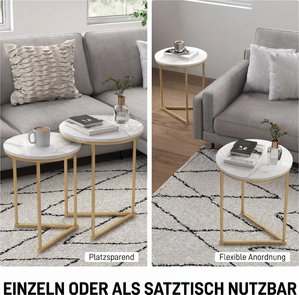 HOMCOM 2dílná sada odkládacích stolků, moderní kulaté stolky se zlatými ocelovými nohami, zásuvné stolky do obýváku a ložnice, zlatý odstín