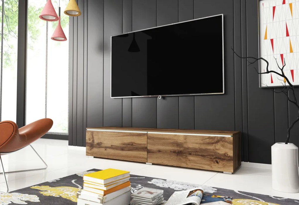 TV stolek LOWBOARD D 180, 180x30x32, dub wotan/černá lesk + LED