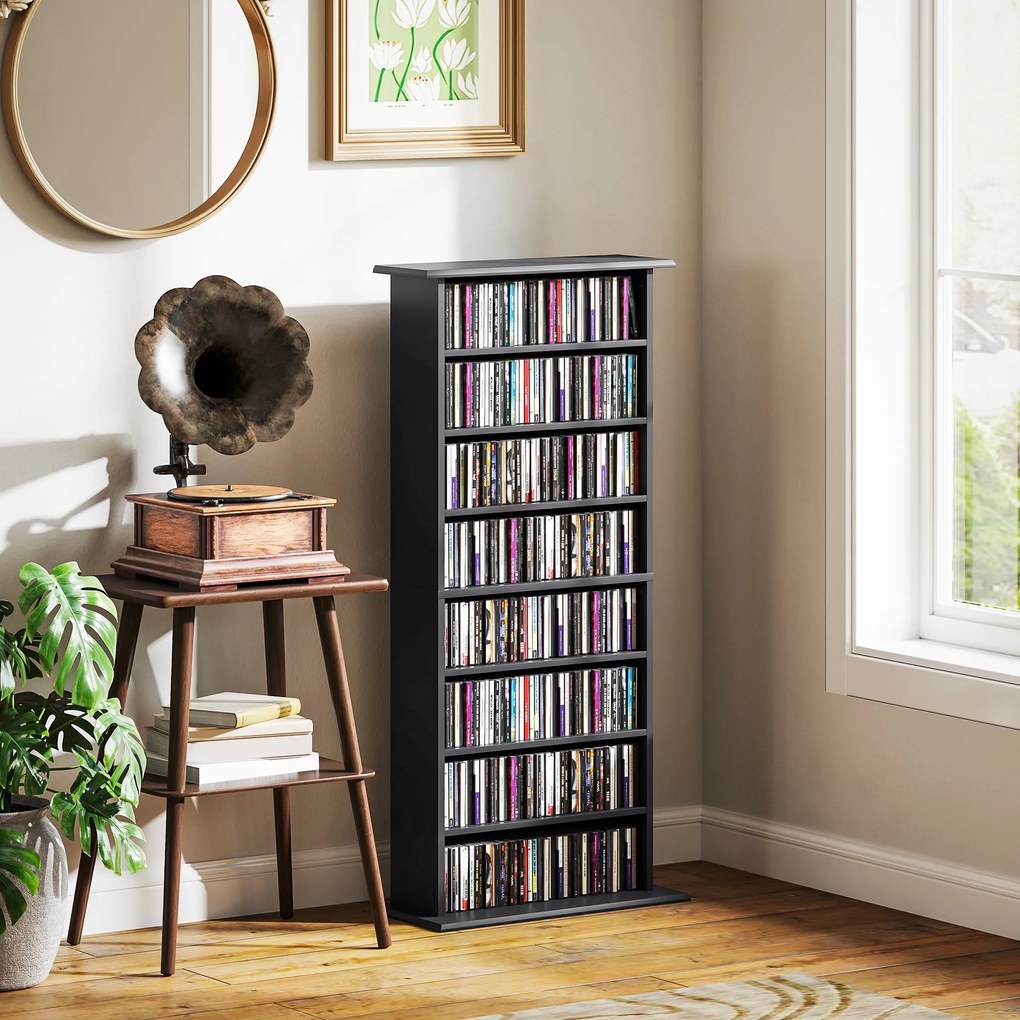 HOMCOM Knihovna s 8 policemi pro 360 CD s moderním designem, CD regál z dřevotřísky, 58x24x124,5 cm, černá