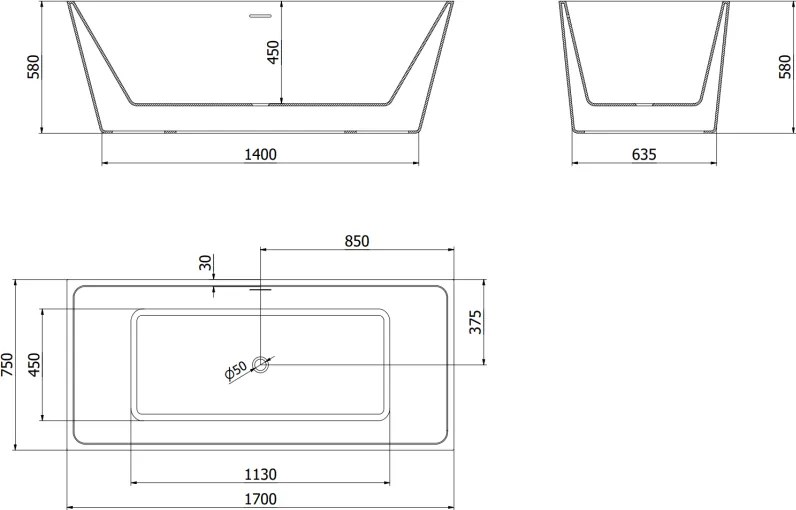 Mexen Lita, volně stojící vana 170 x 75 cm, bílá-černá, černý matný přepad, 52121707575-70