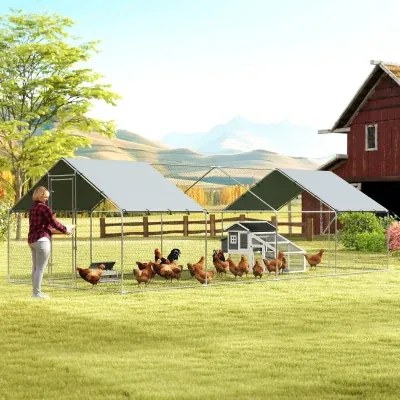 PawHut Velký venkovní kuřecí kurník z pozinkované oceli 6,8x3x1,9 m 20,4 m² s oxfordským krytem a uzávěrem, stříbrný