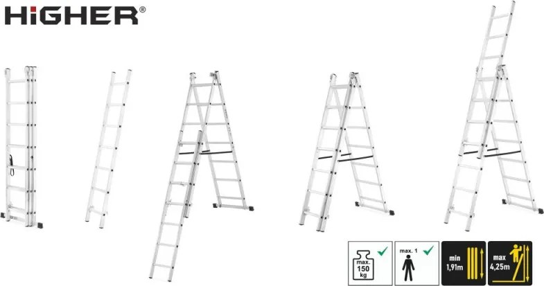 Hliníkový žebřík 3x7 příček 4,25 m třídílný HIGHER 6307