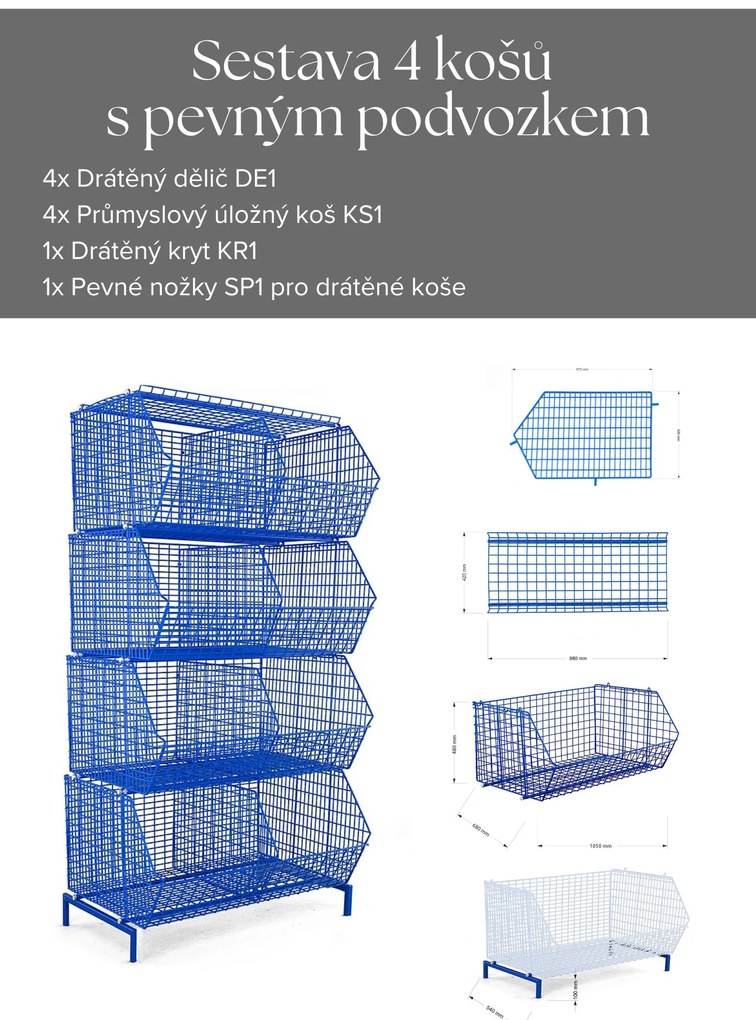 FEROPLAST spol. s.r.o Průmyslový úložný koš KS1, kompletní set 4 košů na pevných nohách
