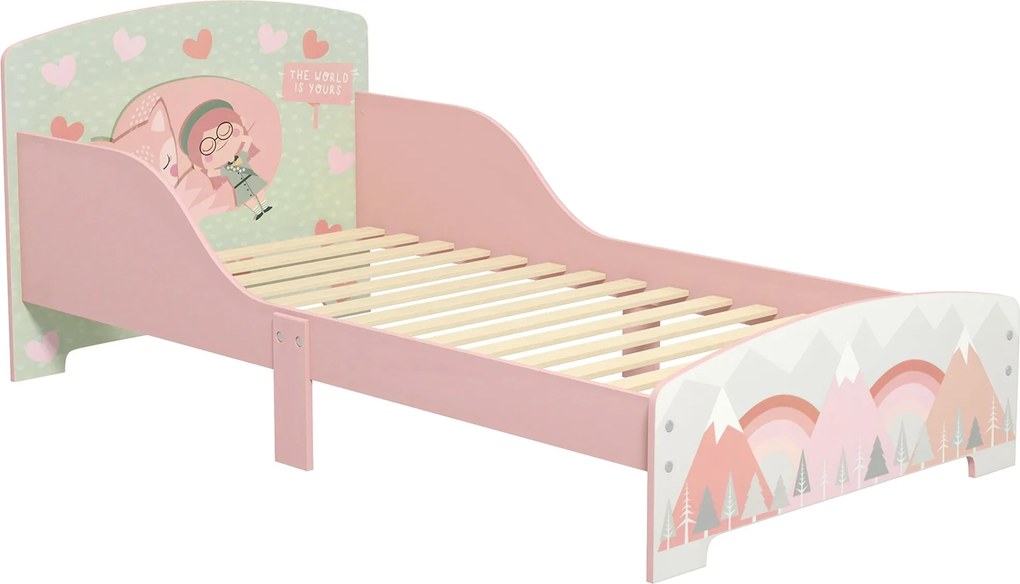 Dětská postel ZONEKIZ dřevěná 143x77x60 cm pro děti ve věku 3-6 let s bezpečnostními zábranami a potiskem Max. nosnost 40 kg Moderní růžový nábytek do
