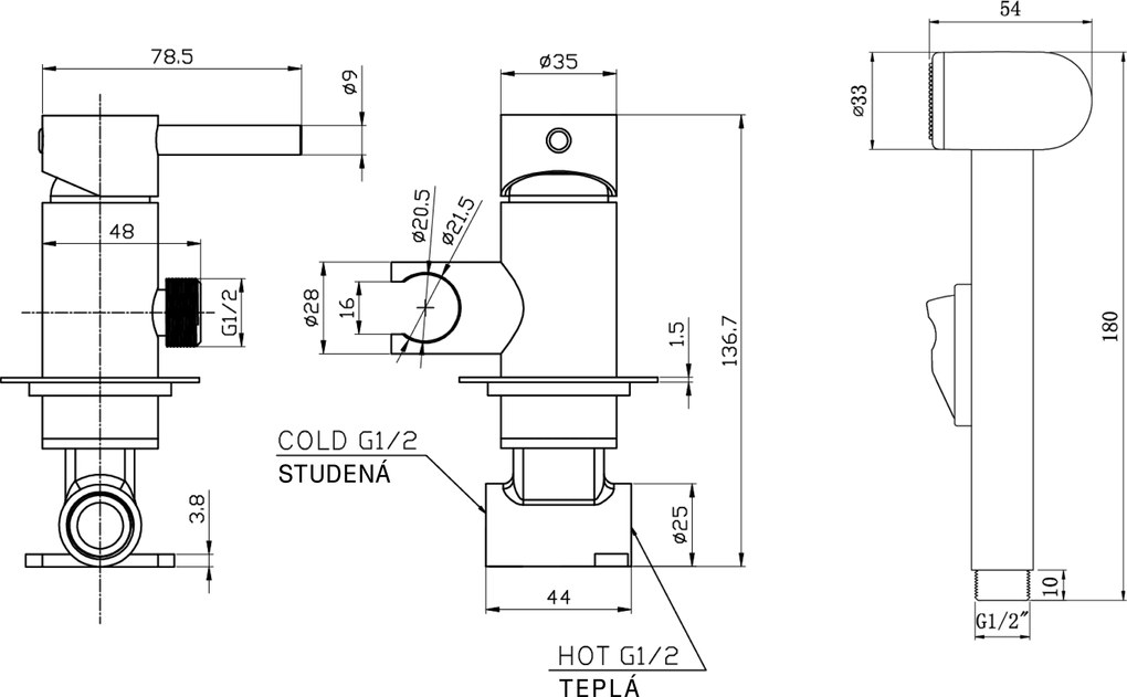 Aqualine Aqualine, Podomítková bidetova baterie se Stop sprškou, hadice 1,2m, kulatá, chrom, SK302