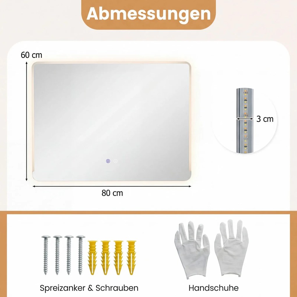 Costway LED koupelnové zrcadlo s 3 barevnými světly a nástěnné zrcadlo