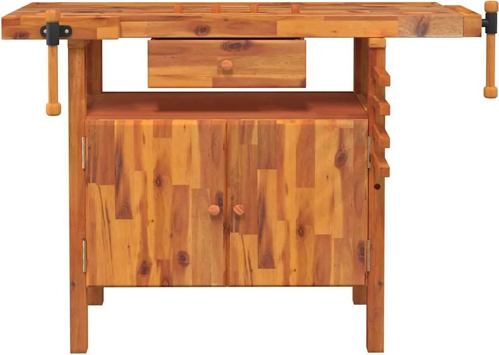 Pracovní stůl se zásuvkou a svěráky 124 x 52 x 83 cm masivní akácie 153321