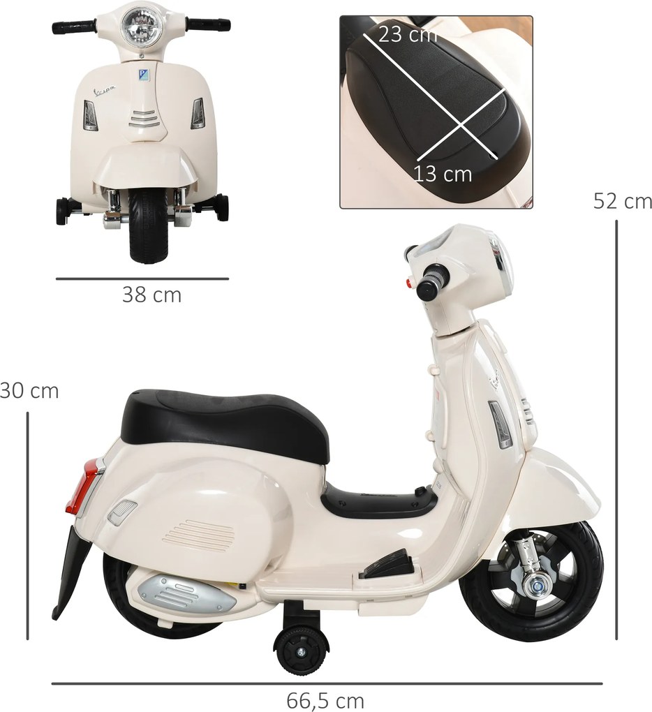 HOMCOM VESPA elektrická motorka pro děti, 18-36 měsíců, 3 km/h, LED světlo a zvuk, PP plast a kov, bílá, 66.5x38x52cm