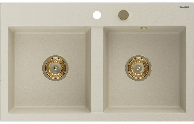 Mexen Hektor, 2-komorový granitový dřez 800x480x205 mm, béžová, zlatý sifon, 6521802000-69-G