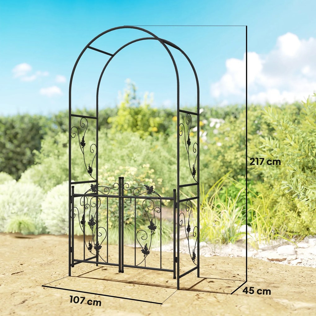 Zahradní oblouk Outsunny s brankou, trellis pro popínavé rostliny, kovový oblouk pro svatby a oslavy, 2,2x1 m, Černý