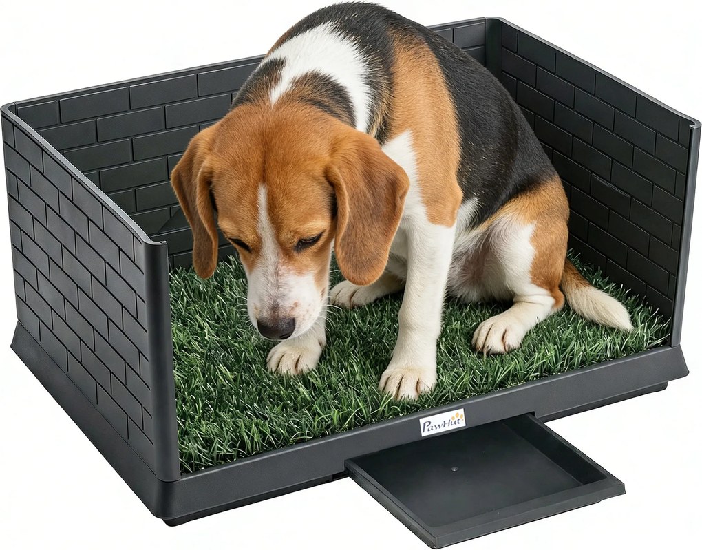PawHut Záchod pro psy 75 x 51 cm Záchod pro psy s umělou trávou Záchod pro štěňata s vysokými stěnami Výsuvná vanička Odvodnění Černá barva