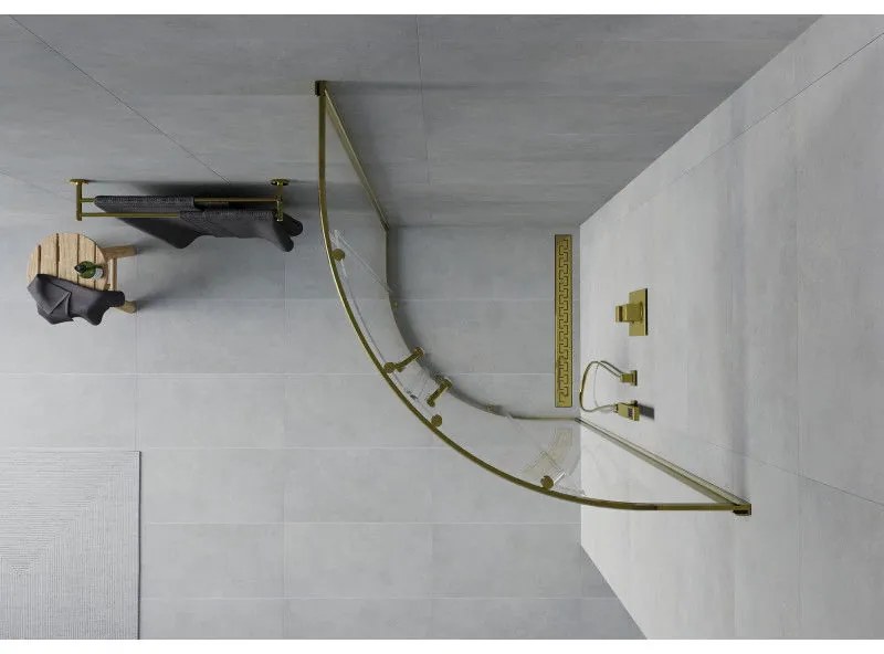 Mexen Rio, čtvrtkruhový sprchový kout s posuvnými dveřmi 80 (dveře) x 80 (dveře) x 190 cm, 5mm čiré sklo, zlatý profil, 863-080-080-50-00