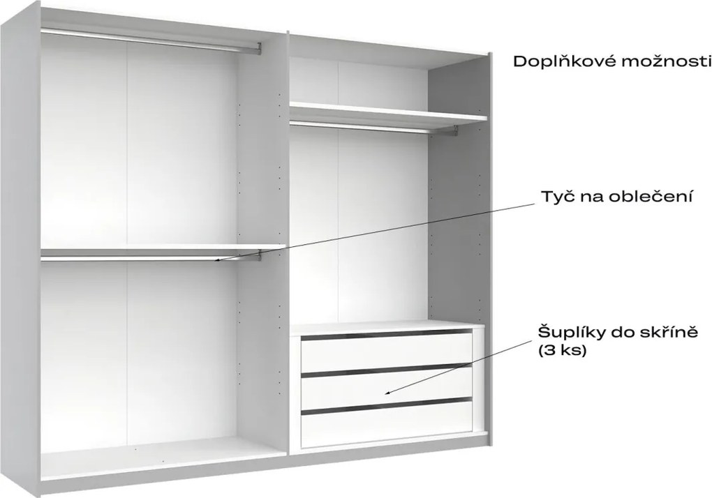 Skříň s posuvnými dveřmi 2,5x2,1m (Dveře Lesklé Bílé/Zrcadlo), série N Family