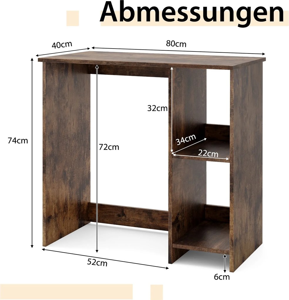 Costway Malý psací stůl s 2 přihrádkami – 80 × 40 × 74 cm, hnědý