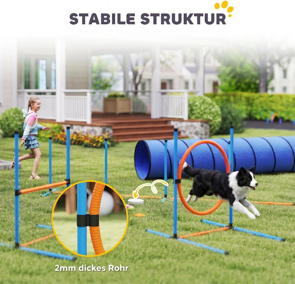 PawHut 8dílná sada agility pro psy s tunelem, slalomem, nastavitelnými překážkami, kruhem, pauzovací plošinou, miskou, hračkami a taškou — zahrada, v…